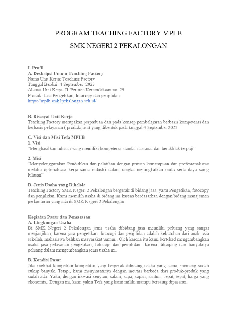Program Teaching Factory Mplb. SMKN 2 | PDF