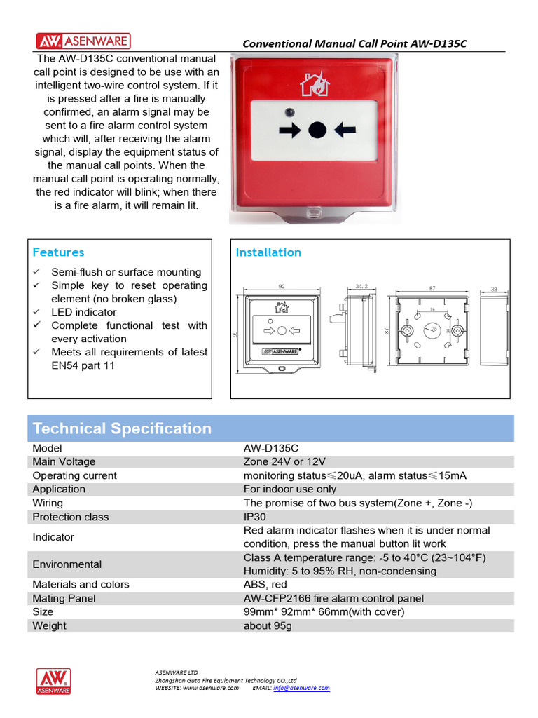 Asenware Manual Call Point D135C Datasheet | PDF