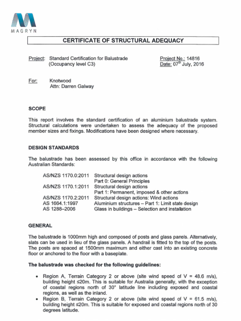 2016 07 04 Residential Balustrade Certificate - 14816 | PDF