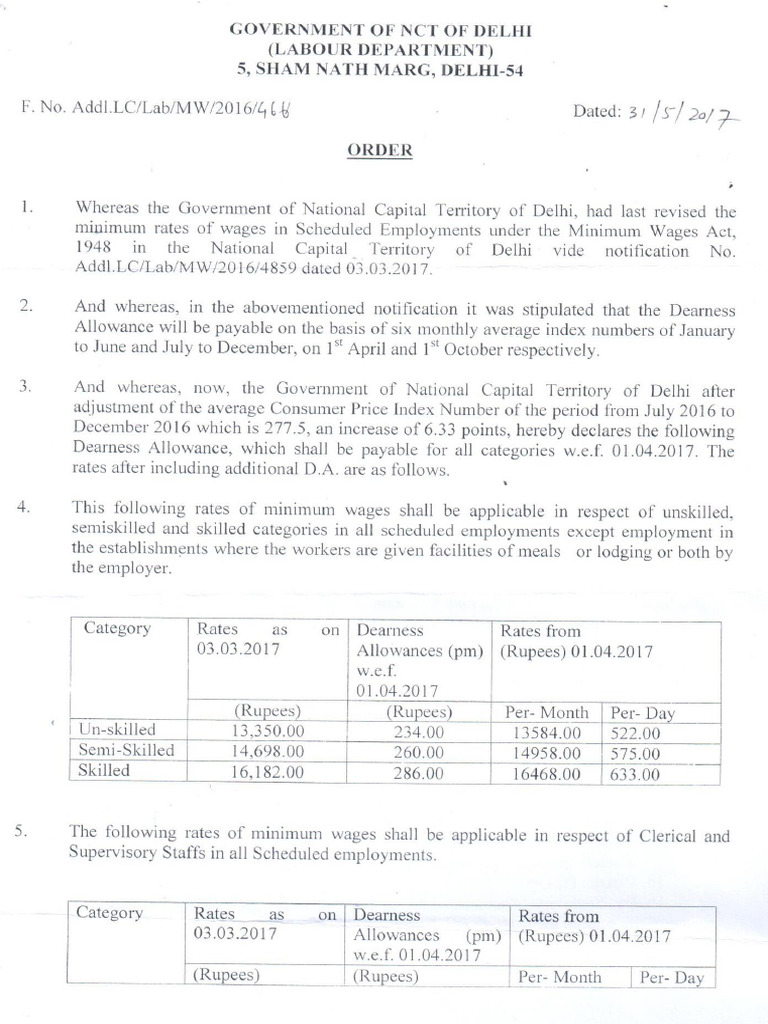 Delhi Minimum Wages April'17 | PDF