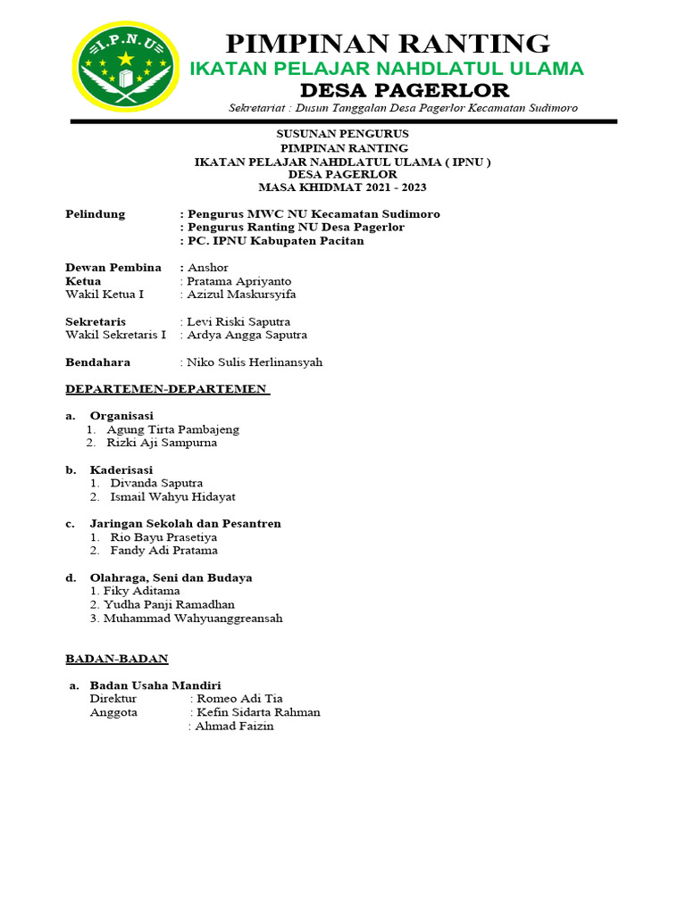 Struktur Pengurus PR | PDF