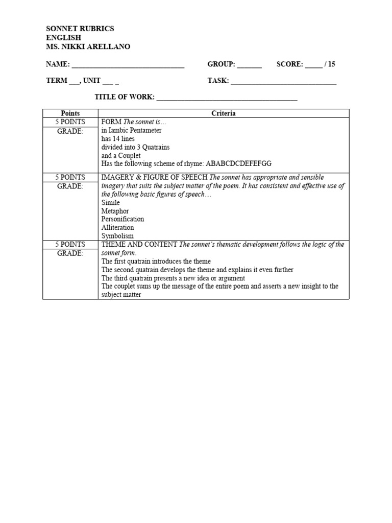 Rubrics For Sonnet | PDF | Teaching Methods & Materials