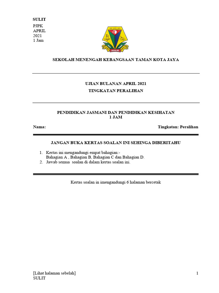 Soalan Ujian 1 PJPK Peralihan 2021 | PDF