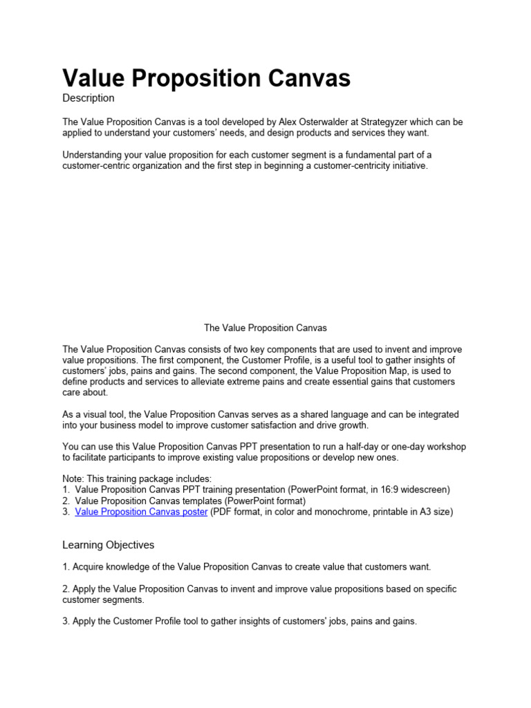 Value Proposition Canvas Pdf Microsoft Power Point Customer