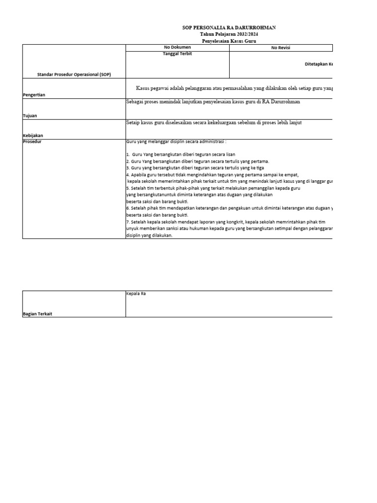 Sop Personalia Ra Darurrohman Tahun Pelajaran 2032/2024 Penyelesaian Kasus Guru No Dokumen No ...