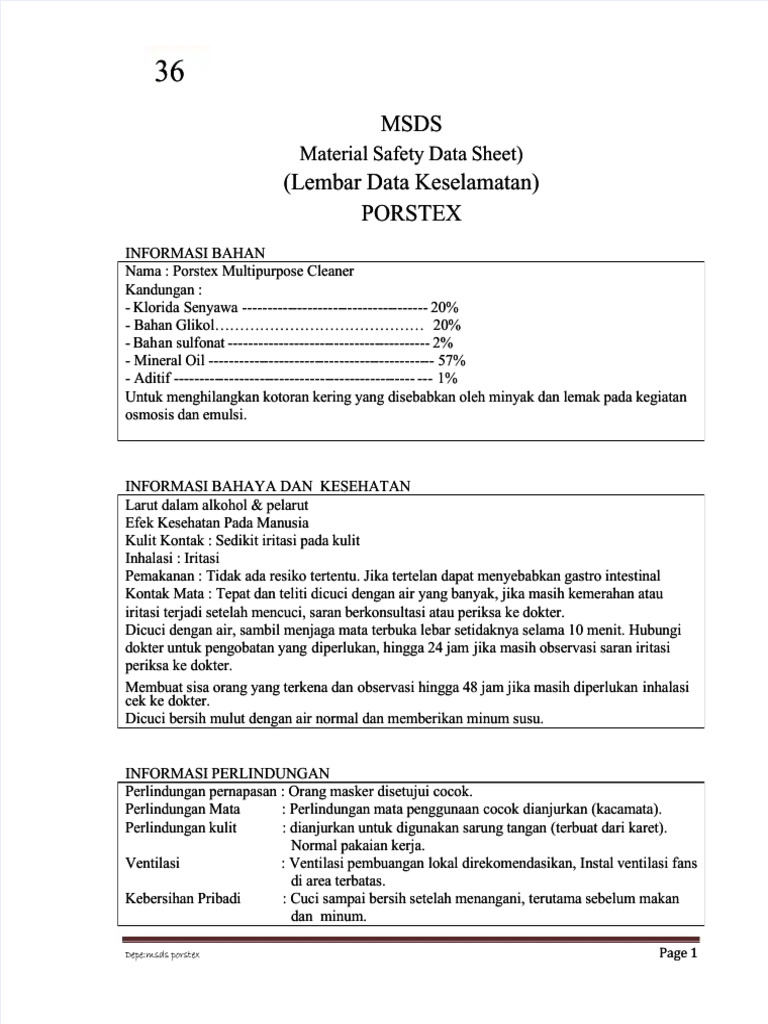 PDF Msds Lembar Data Keselamatan Porstex Material Safety Data Sheet - Compress | PDF