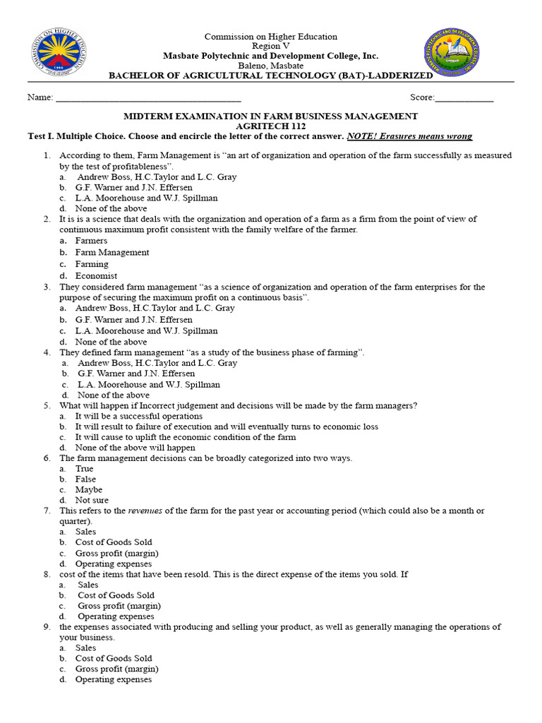 Farm Business Management Midterm Exam | PDF | Expense | Equity (Finance)