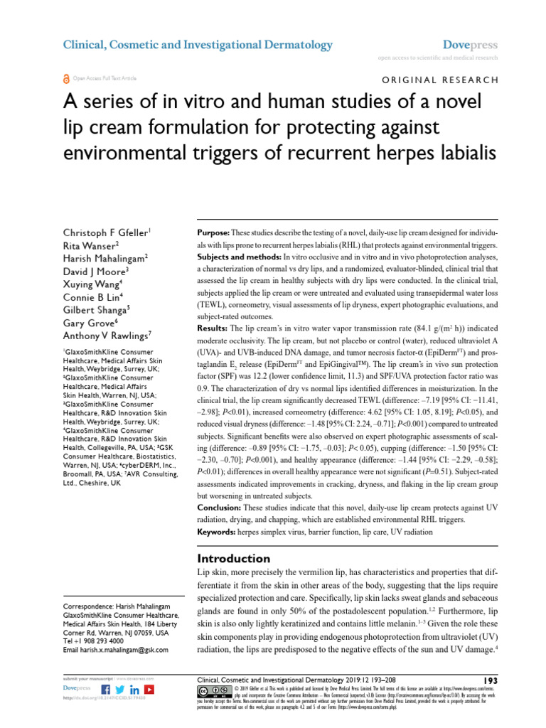 A Series of in Vitro and Human Studies of A Novel Lip Cream Formulation ...