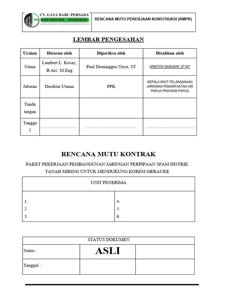 Rencana Mutu Kontrak Sumur Kota | PDF | Teknologi & Rekayasa