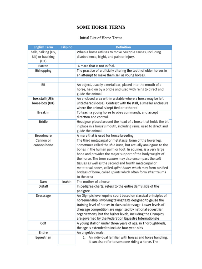 Equine Terminology | PDF | Horses | Donkey
