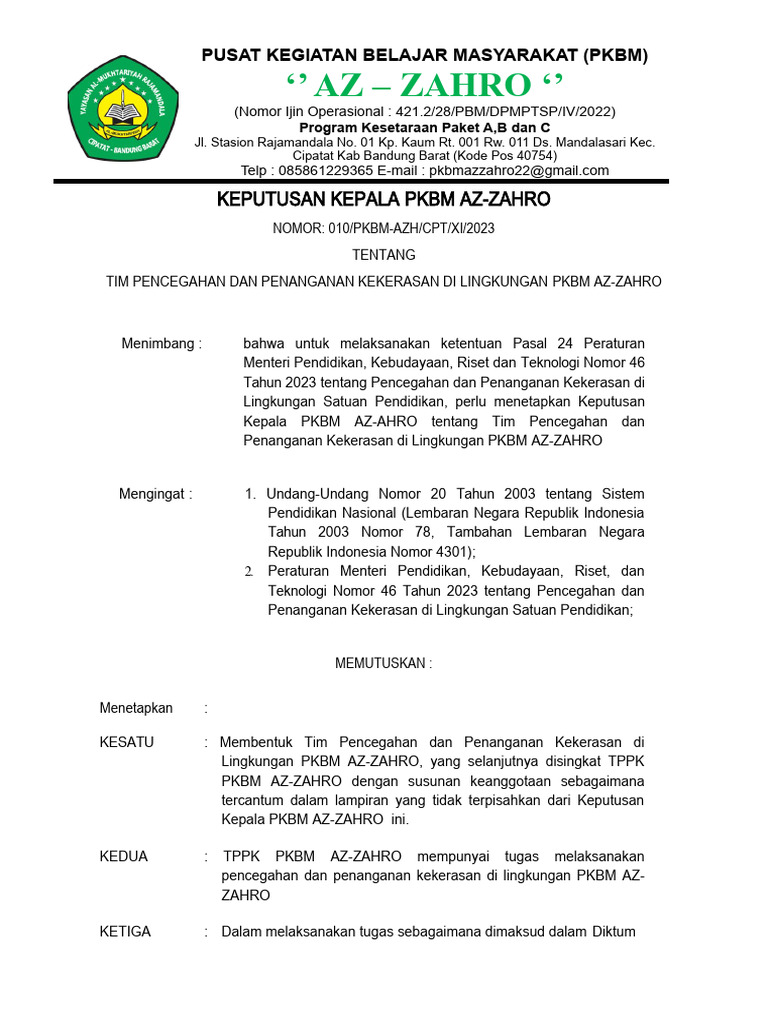 SK TPPK PKBM Az-Zahro | PDF