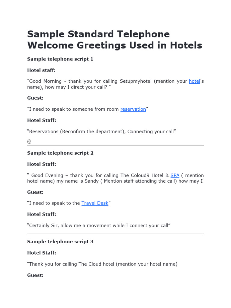 Sample Standard Telephone Welcome Greetings Used in Hotels | PDF