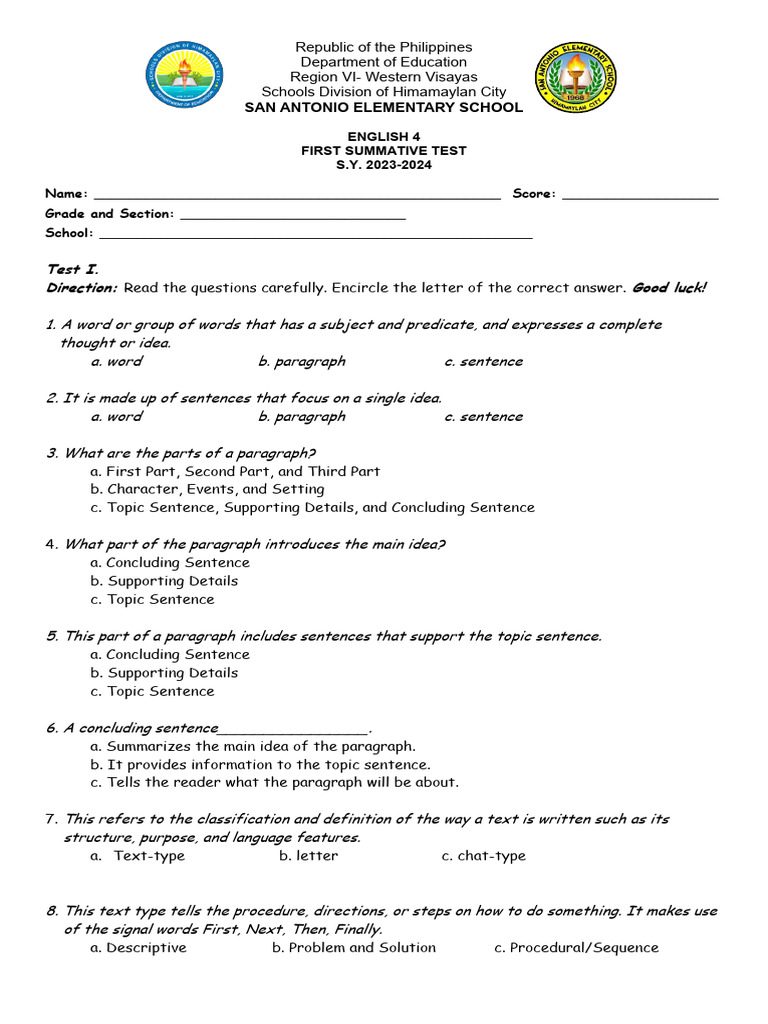 First Summative Test | PDF | Sentence (Linguistics) | Word