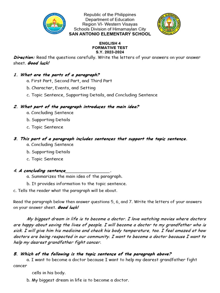 English4 Formative Test | PDF
