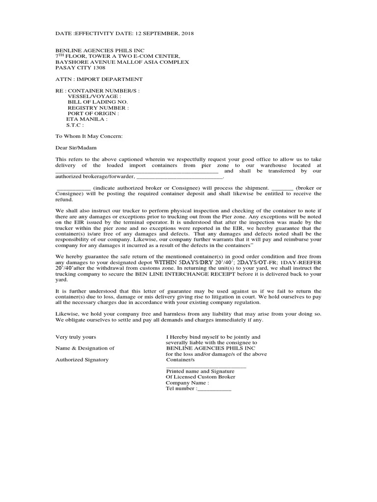 TSL NEW Container Guarantee Format | PDF | Guarantee | Common Law