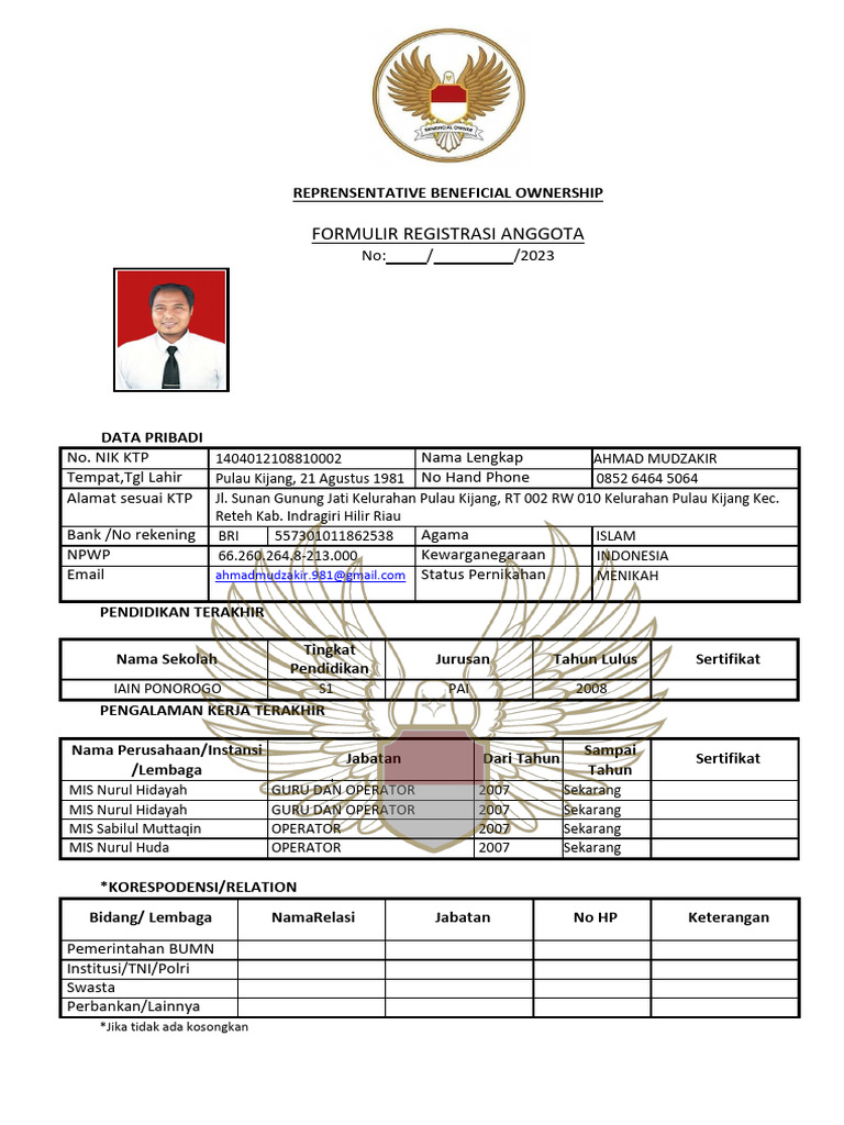 Form Personal Register Ahmad Mudzakir Pdf