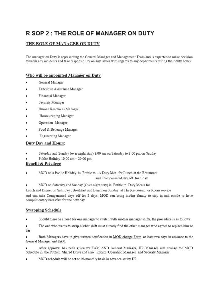 Manager On Duty SOP | PDF | Lunch | Meal