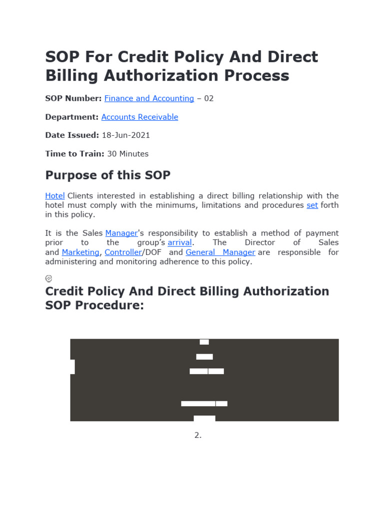 Credit Policy and Direct Billing SOP | PDF | Credit Card | Payments