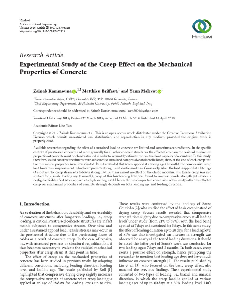 Research Article: Experimental Study of The Creep Effect On The ...