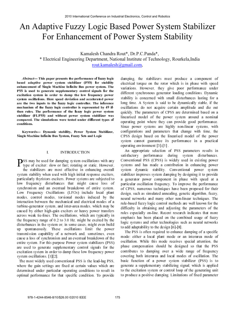 An Adaptive Fuzzy Logic Based Power System Stabilizer | PDF | Fuzzy Logic | Control Theory