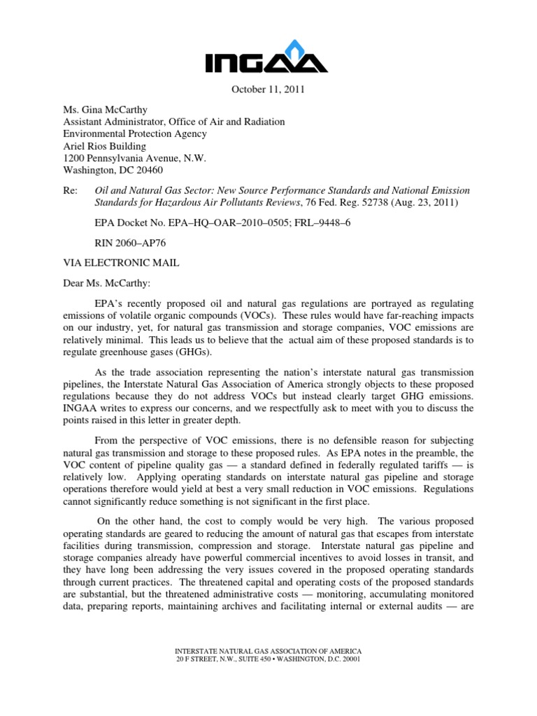 Letter From INGAA To EPA Oct 11 2011 | PDF | Air Pollution | United ...