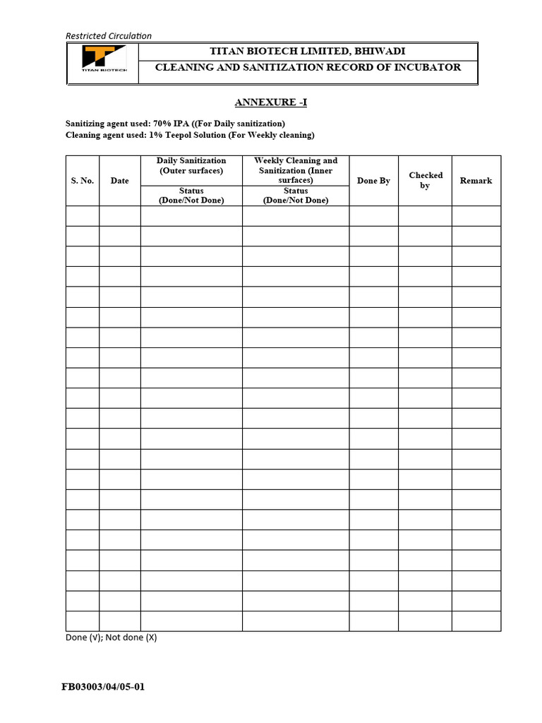Incubator Cleaning and Sanitization Log | PDF
