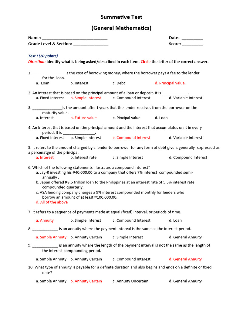 Summative Gen Math 1 Key | PDF | Interest | Debt