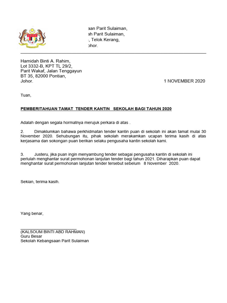 Surat Pemberitahuan Tamat Kantin | PDF