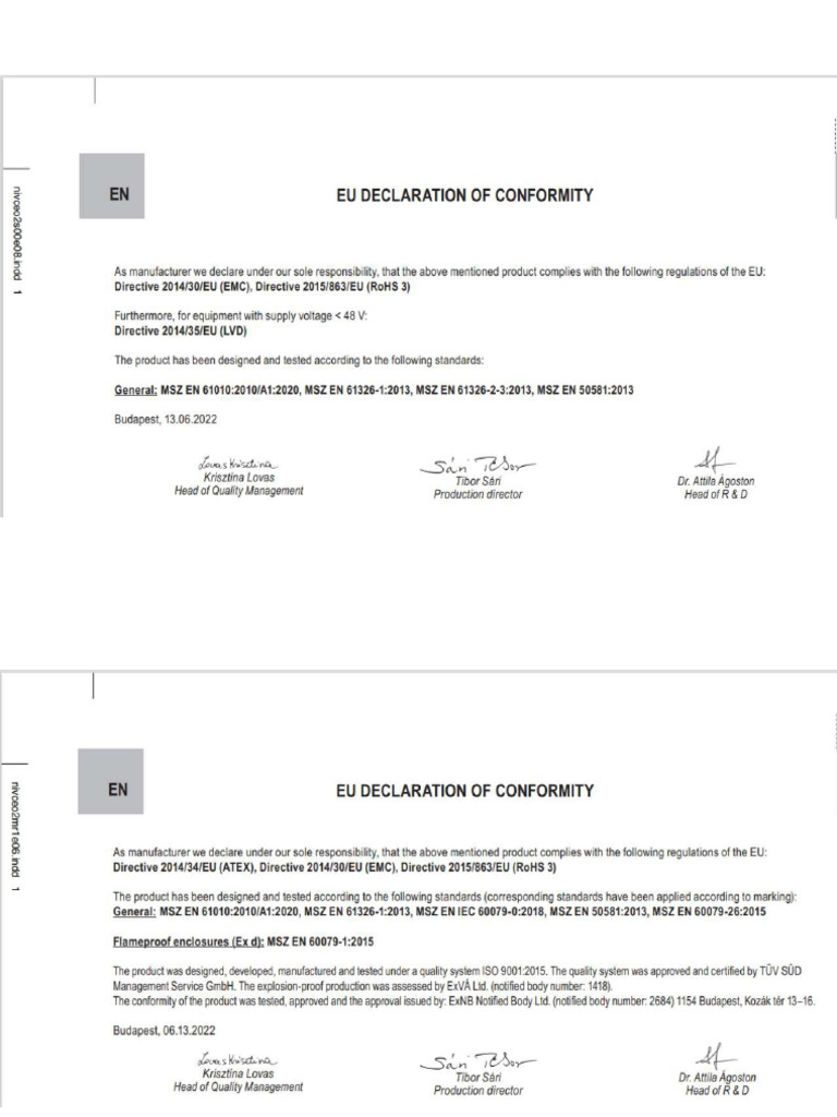 EU Declaration of Conformity Float Level Switch Nivelco | PDF