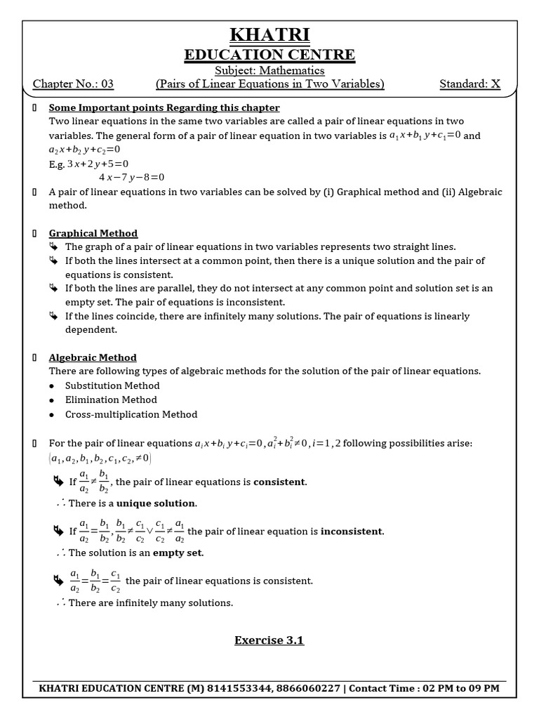 Chapter - 3 (Linear Equations in Two Variables) | PDF | System Of Linear Equations | Equations