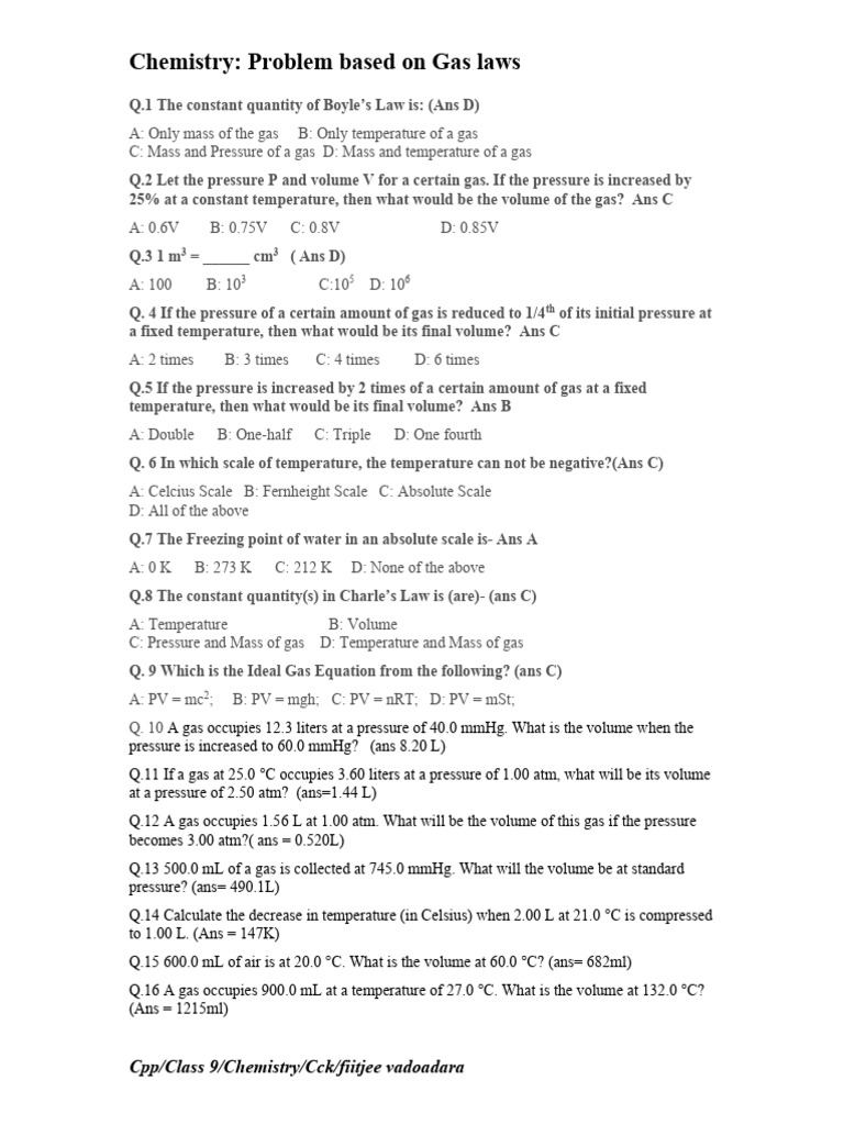 Fiitjee - Gas Law - Class-9 | PDF | Gases | Temperature