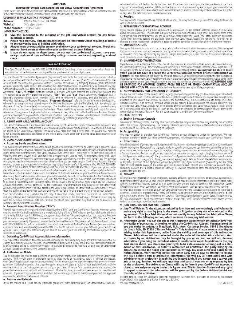 SecureSpend Visa MC MetaBank CHA | PDF | Debit Card | Credit Card