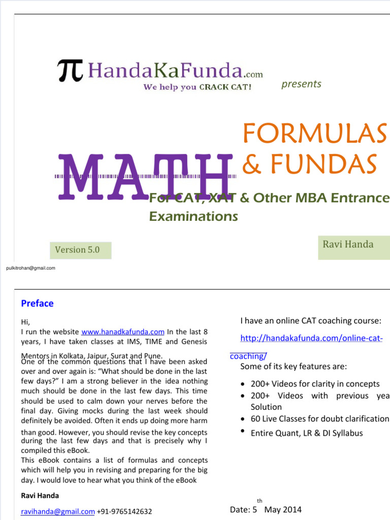 Handa Ka Funda: Math Formulas for CAT | PDF | Mean | Mathematical Analysis