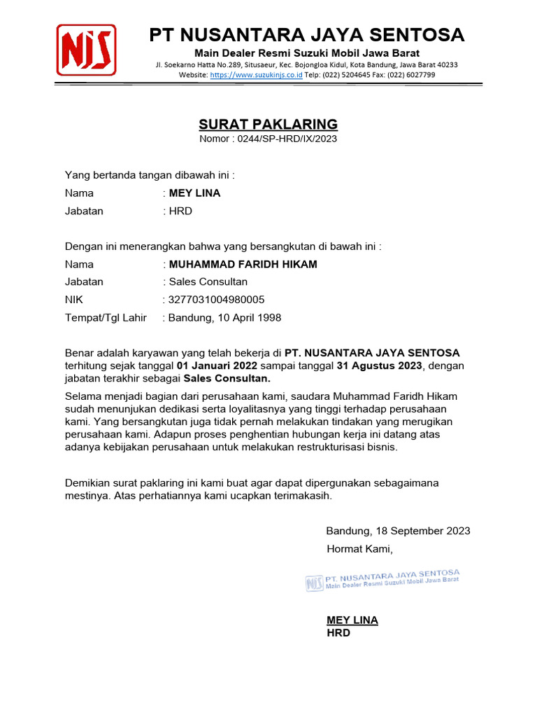 Surat Paklaring NJS | PDF | Bisnis