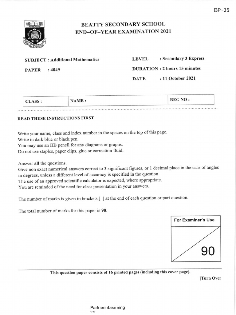 Beatty Secondary A Math Sec 3 EOY 2021 | PDF | Numbers | Equations
