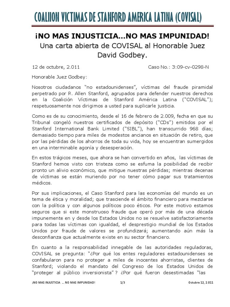 ¡No Mas Injusticia ... No Mas Impunidad! Una Carta Abierta de COVISAL ...