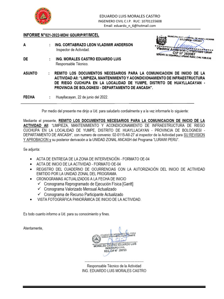 Informe N°021 - Remito Documentos de Inicio | PDF | Negocios