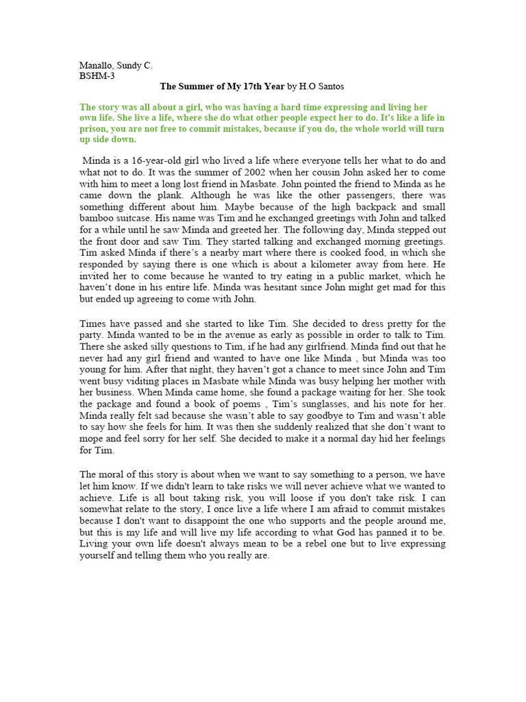 The Summer of My 17th Year: A Journey to Self-Expression | PDF