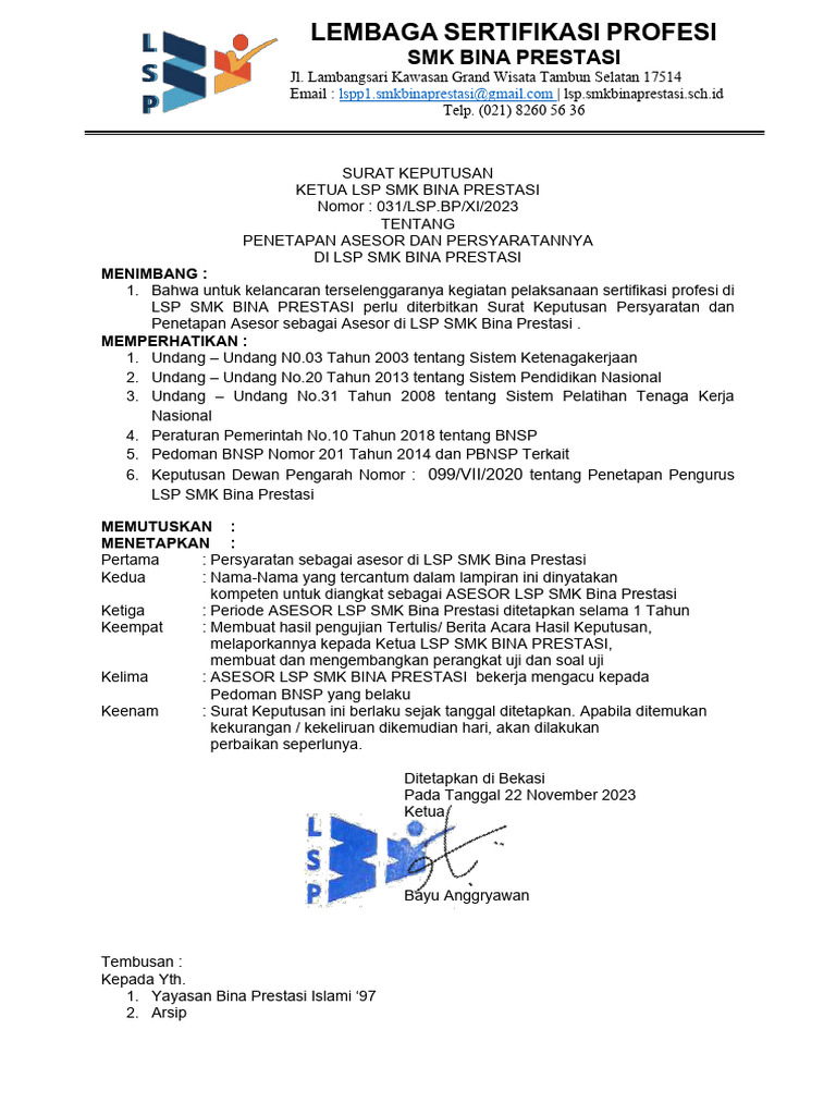 SK Pengangkatan Asesor | PDF