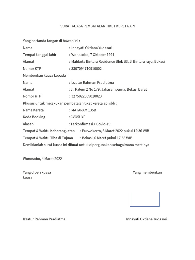 Surat Kuasa Pembatalan Tiket Kereta Api | PDF Surat Kuasa Pembatalan Tiket Kereta Api | PDF