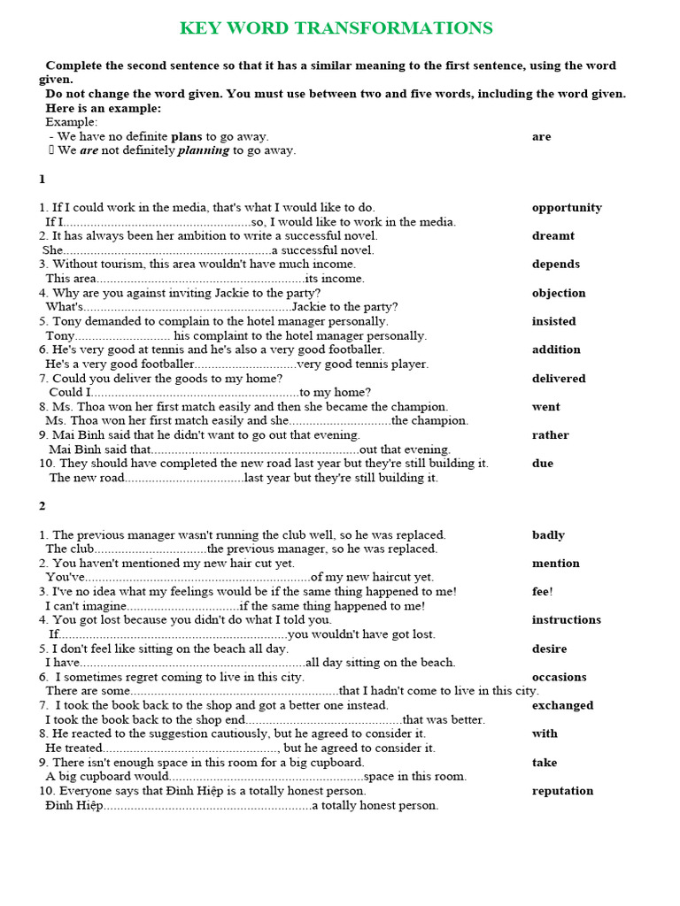 Transformation Sentences Grammar Drills - 117671 | PDF | Fast Food