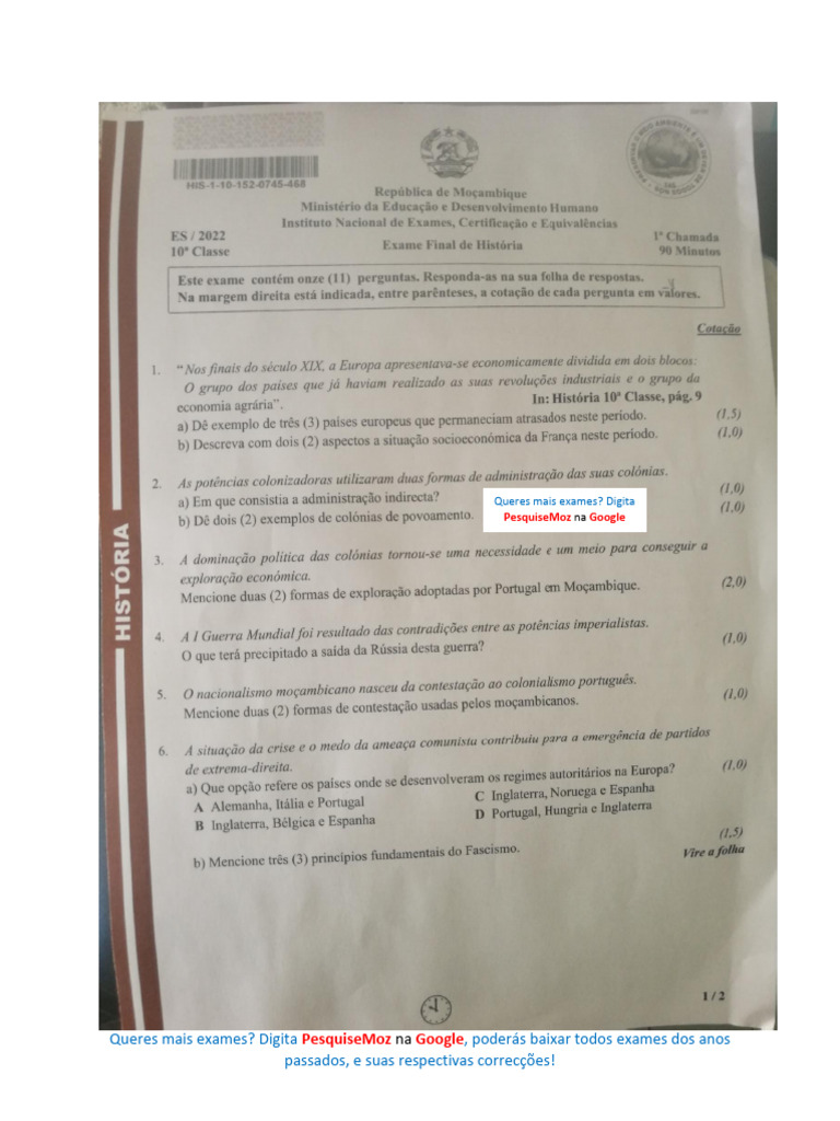 Exame de Historia 10 Classe 2022 | PDF