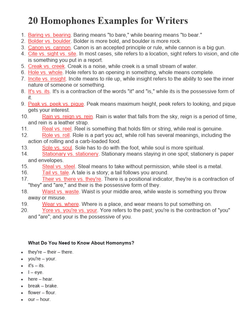 20 Homophones Examples For Writers | PDF