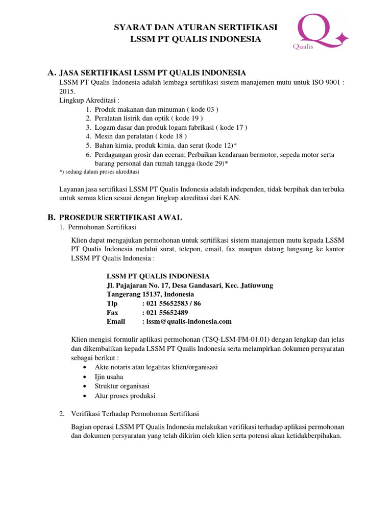 Syarat Dan Aturan Sertifikasi LSSM PT Qualis Indonesia - 2003 | PDF