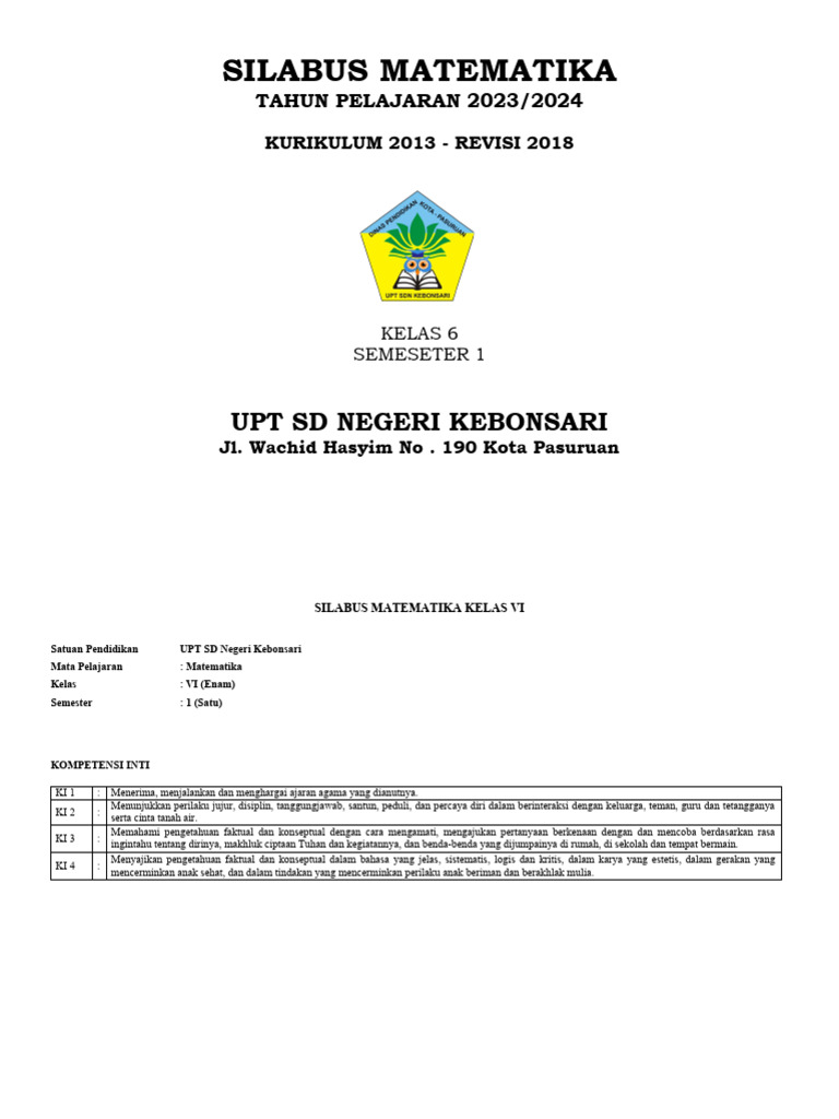 SILABUS MATEMATIKA KELAS 6 SEMESTER 1 Dan 2 Tahun 2022-2023 OKE | PDF