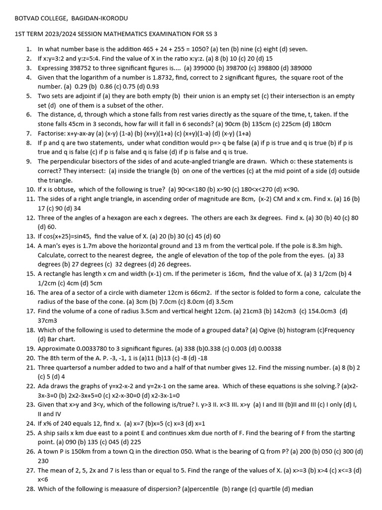 1st Term Maths Exam Ss3 Pdf Triangle Geometry