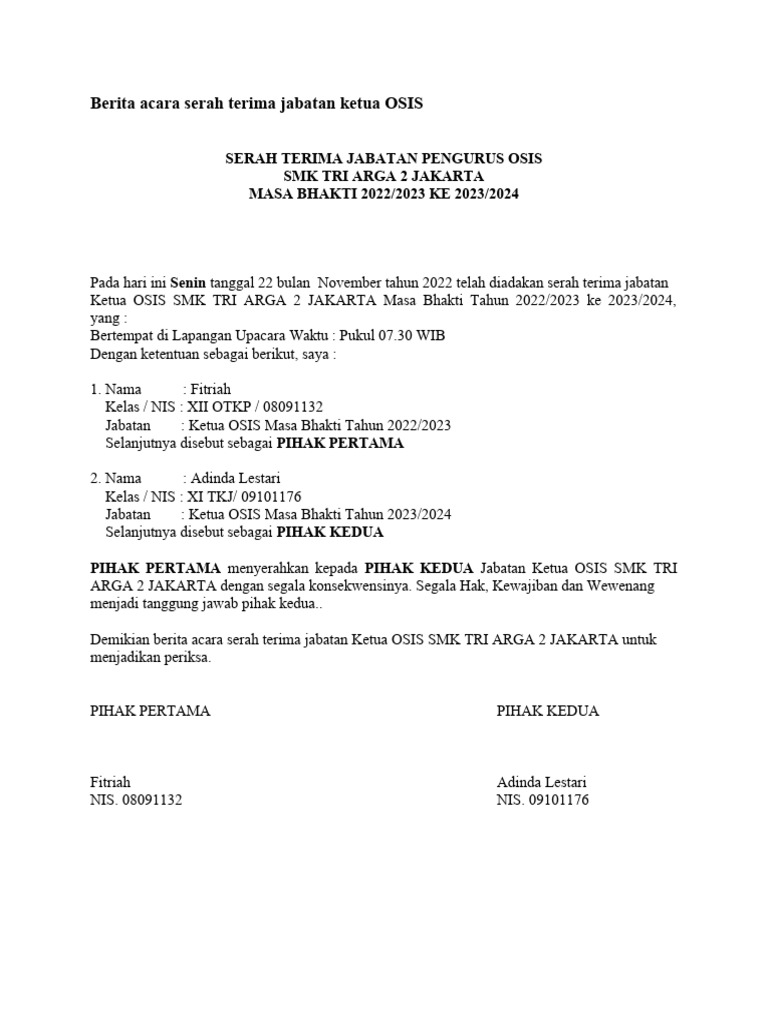 Berita Acara Serah Terima Jabatan Ketua OSIS | PDF