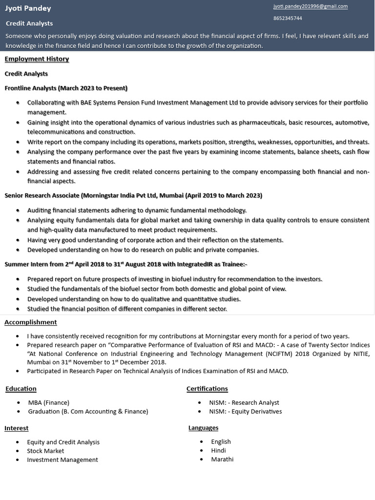 Jyoti Pandey Resume | PDF | Financial Analyst | Investing