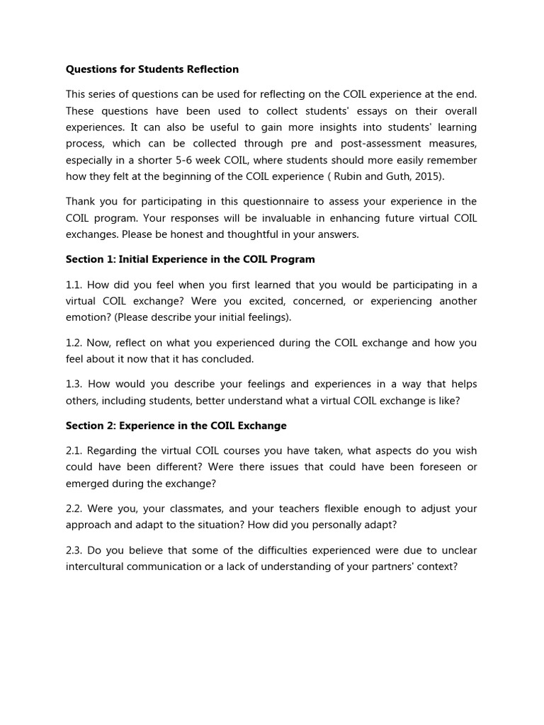 COIL Student Reflection Questions | PDF | Feeling | Experience