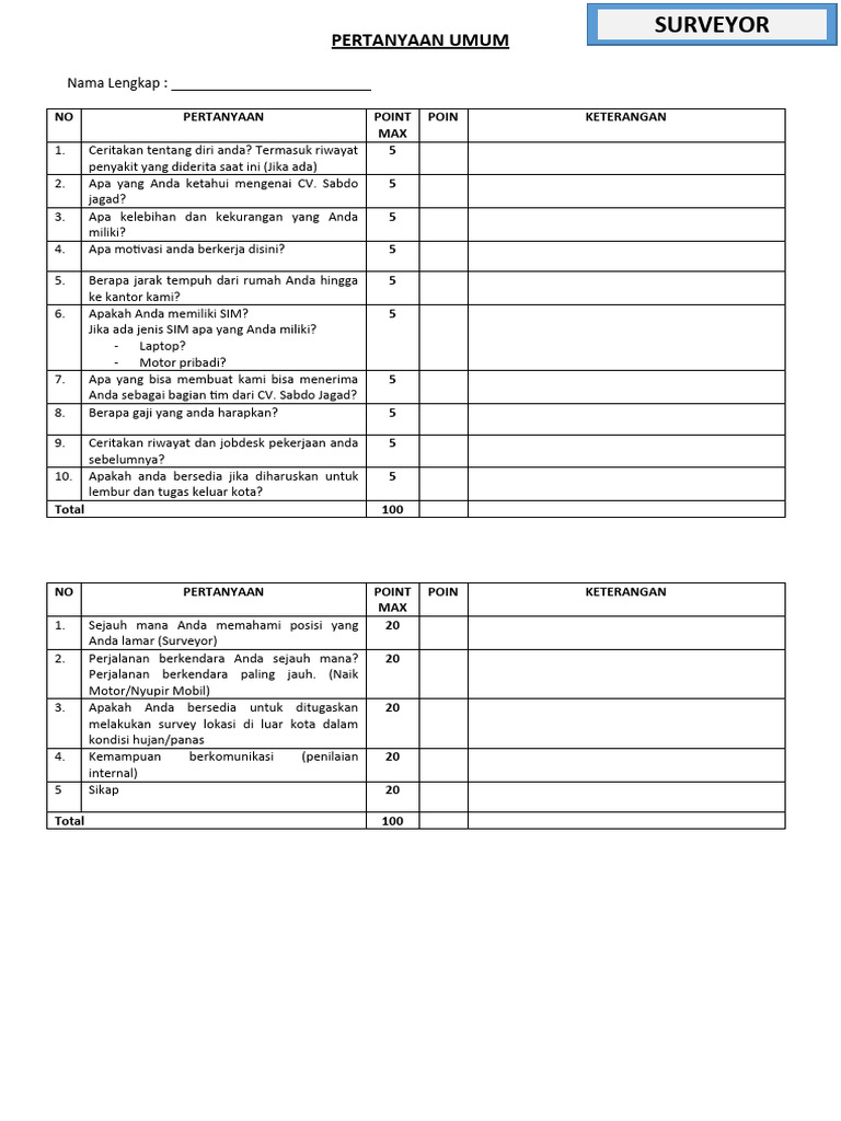 Checklist Interview (Surveyor) | PDF